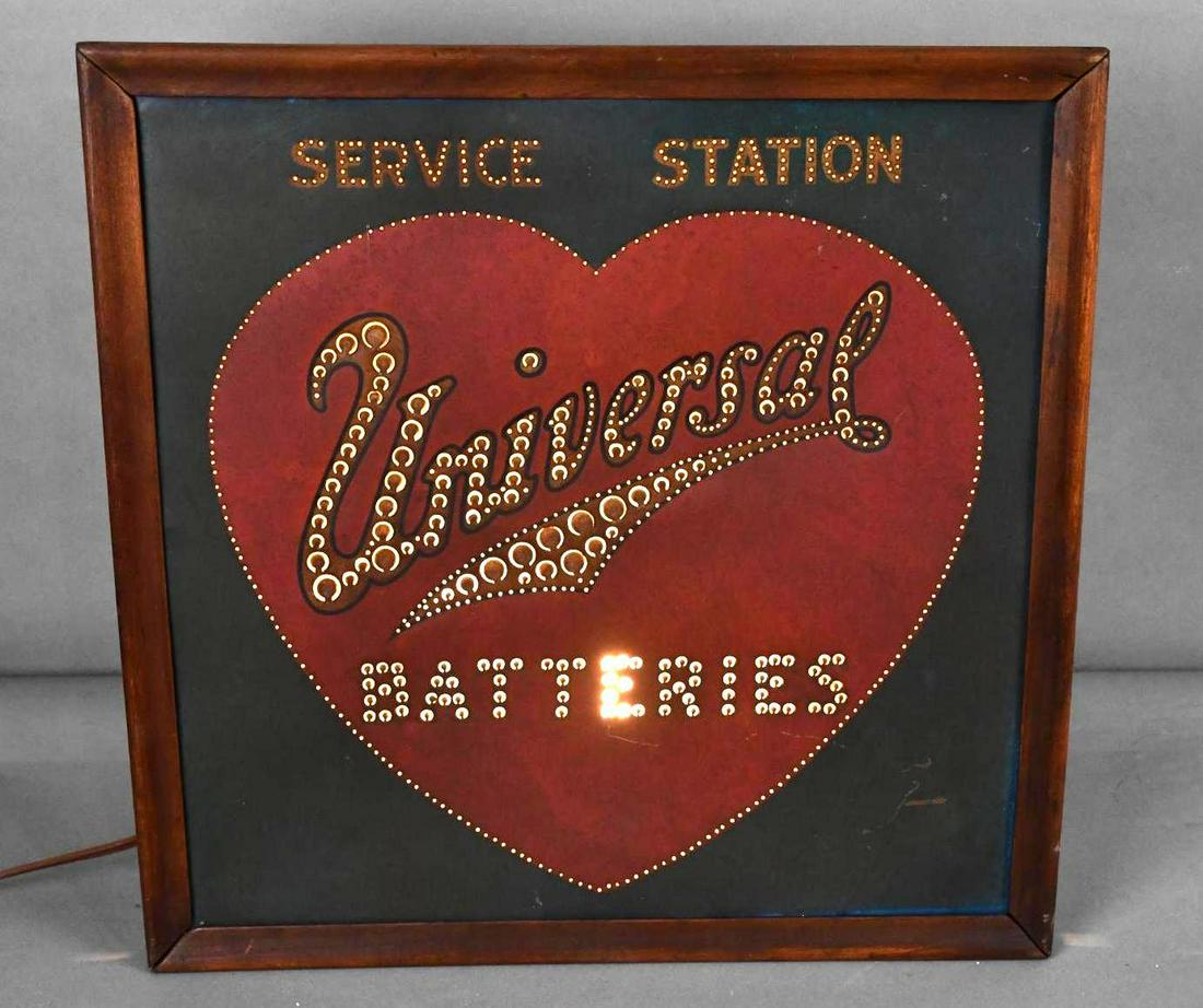 Universal Batteries Service Station Punch Metal Lighted Sign (tac) Auction