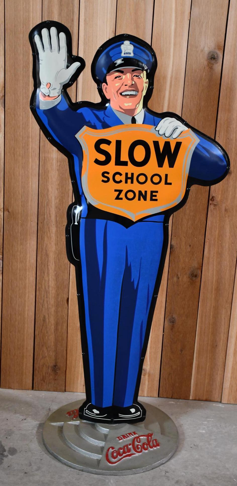 Reproduction Coca Cola Policeman Slow School Zone Metal Curb Sign