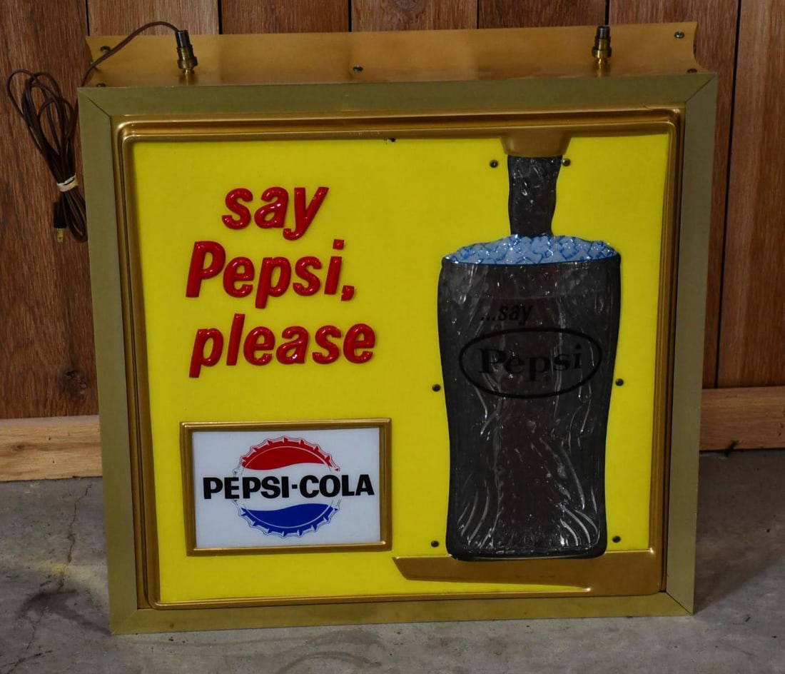 Pepsi-cola "say Pepsi Please" W/glass Light Sign Auction