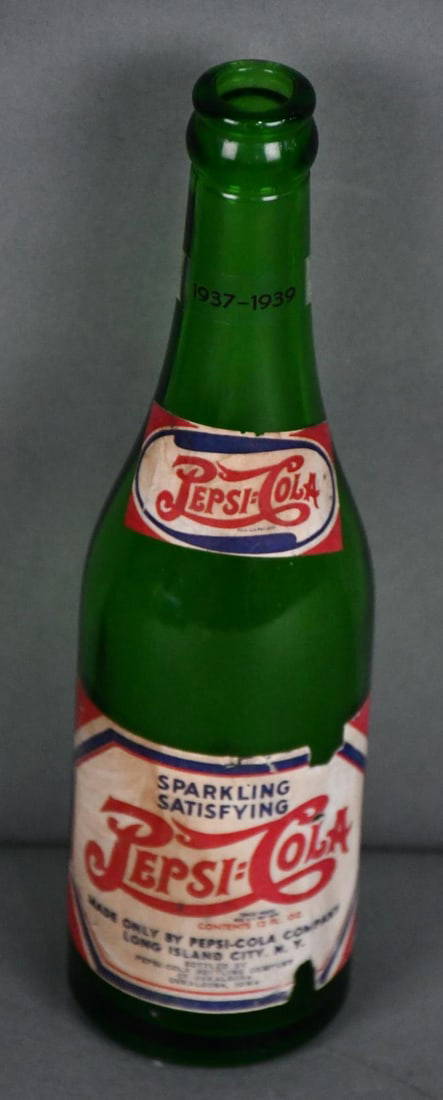 1937-39 Pepsi:cola Green Bottle W/paper Label Auction
