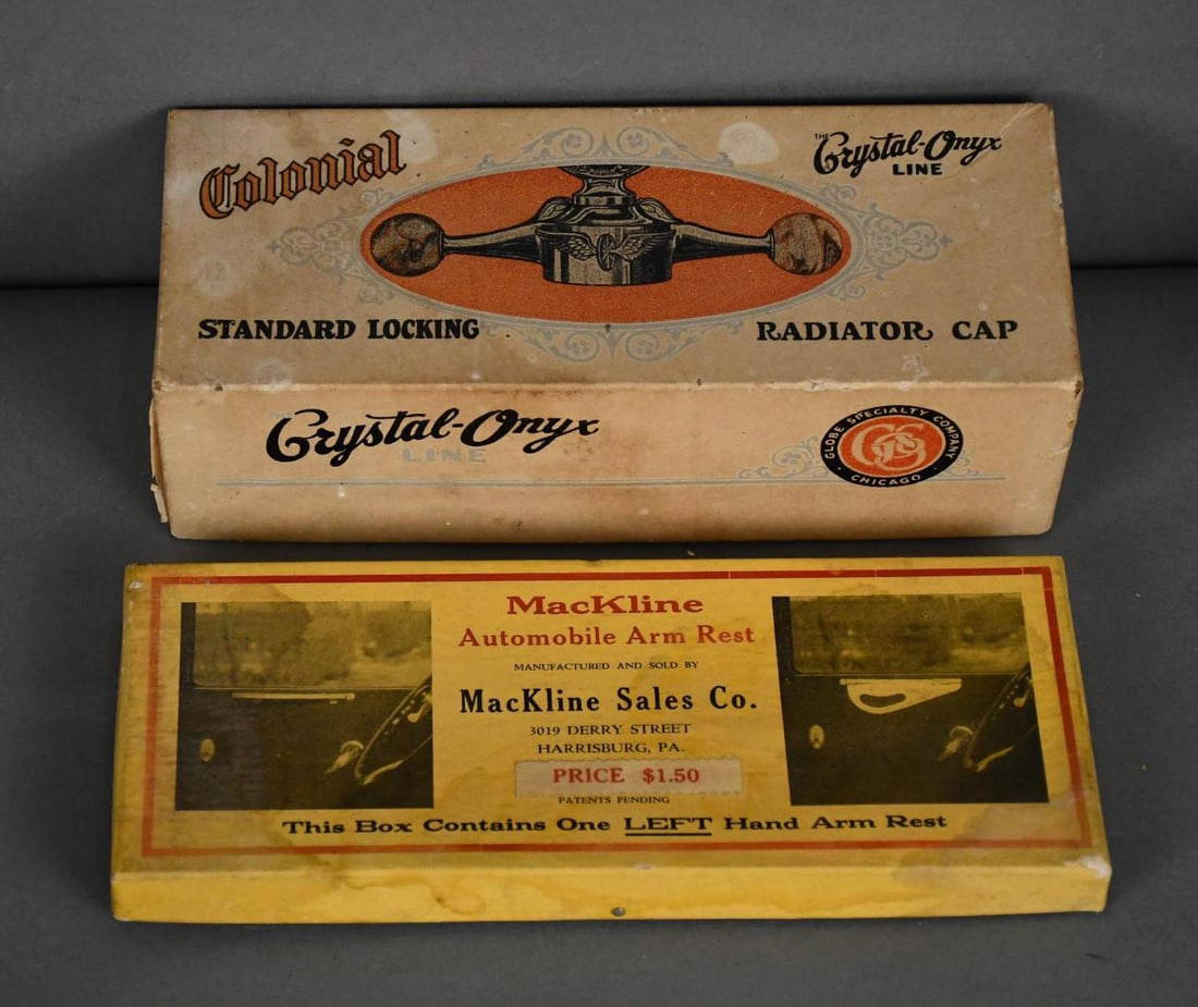 Colonial Radiator Cap & Mackline Auto Arm Rest Boxes Auction