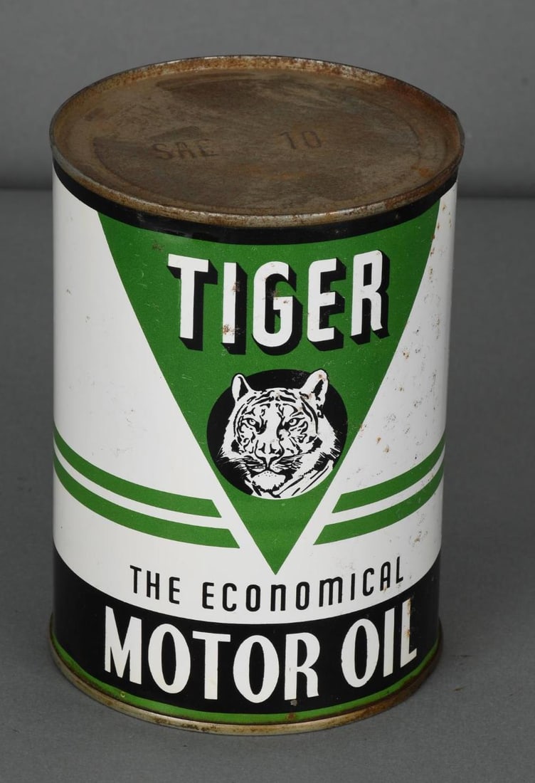 Tiger Motor Oil W/logo One Quart Round Metal Can Auction