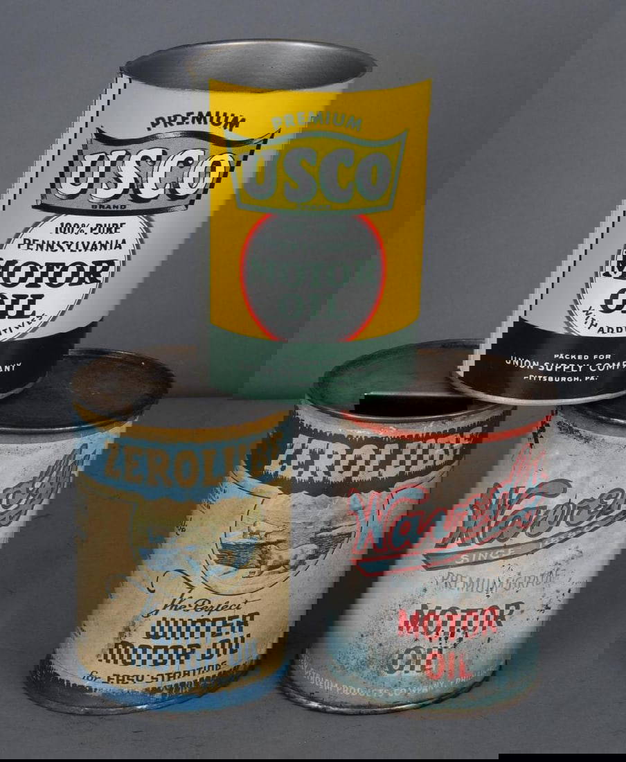 3-one Quart Round Metal Motor Oil Cans Usco, Zerolube & Waverly Auction