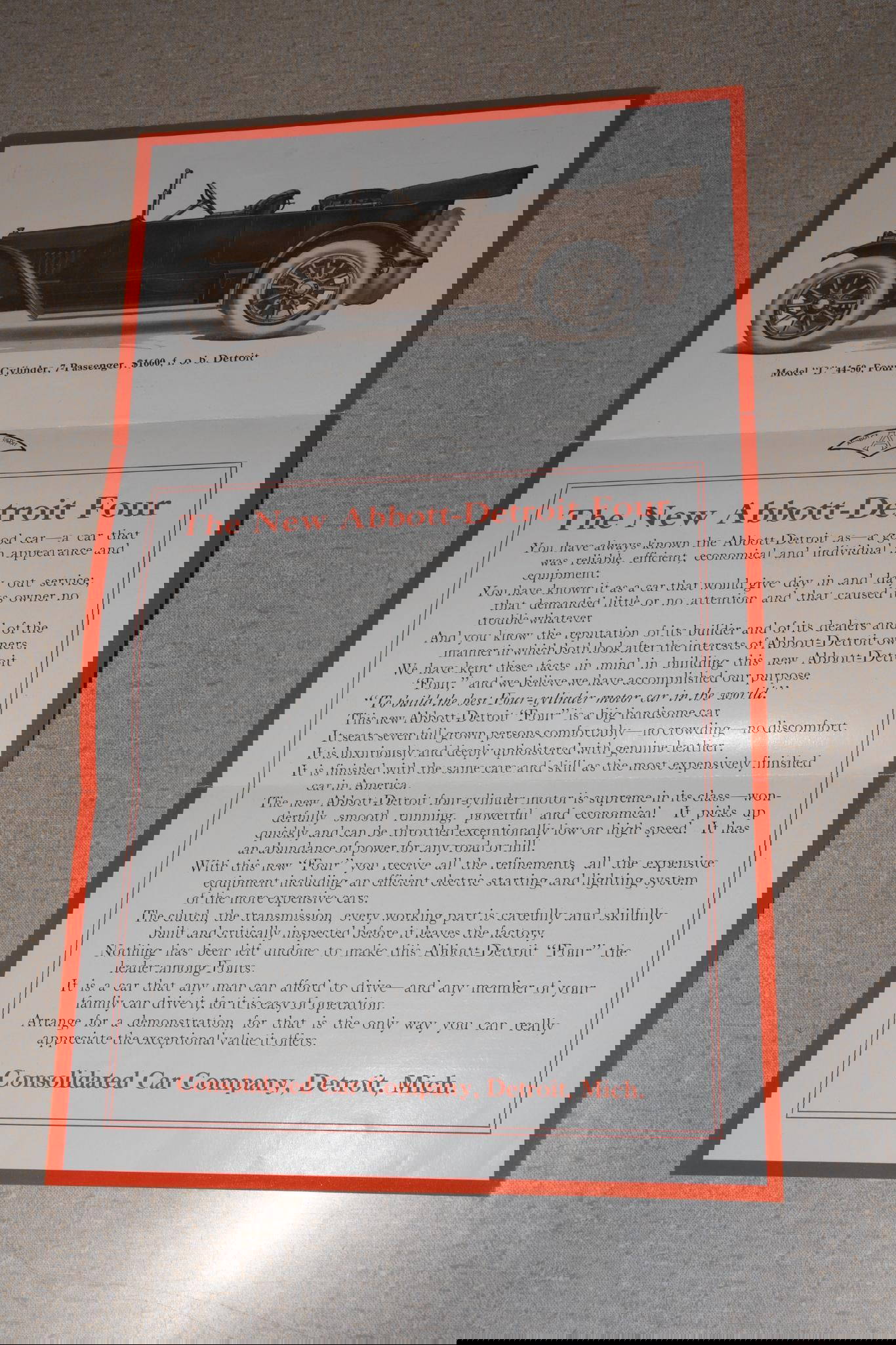 1916 Abbott Detroit Four Model L 44-50 Flyer Mailer Pre 1916 Brass Era ...