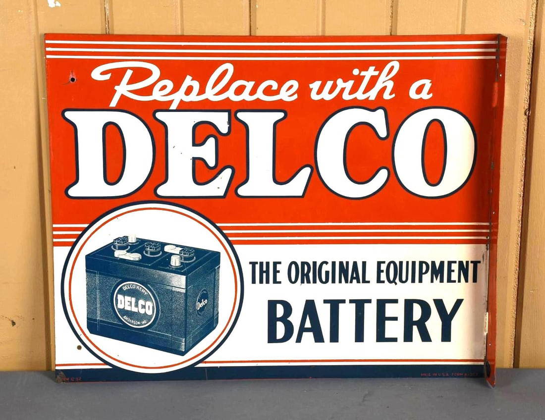 Replace With A Delco Battery W/six Volt Metal Flange Sign (tac) Auction