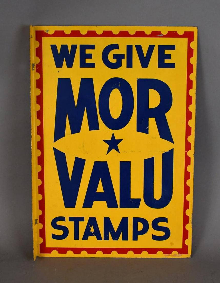 Mor Valu Stamps Metal Flange Sign Auction