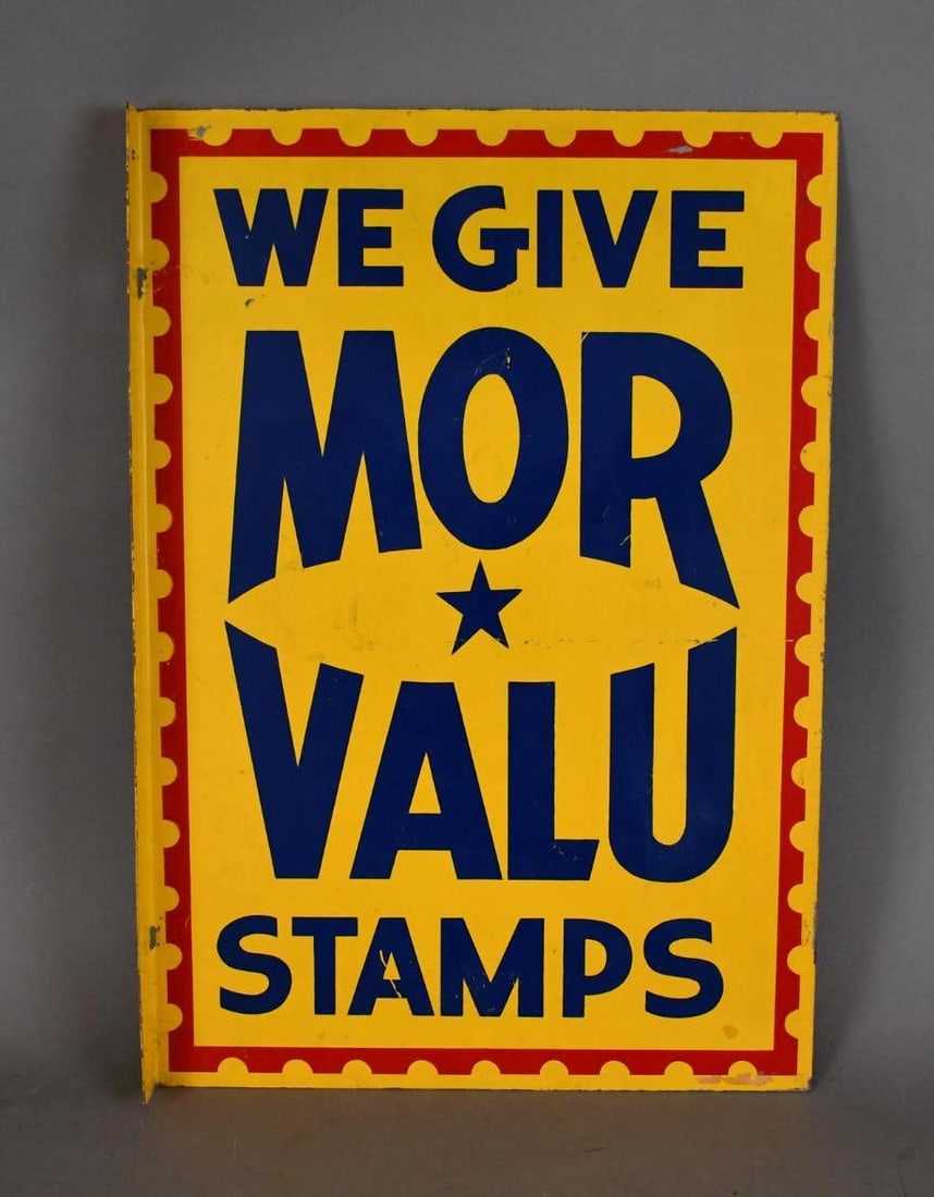 Mor Valu Stamps Metal Flange Sign Auction