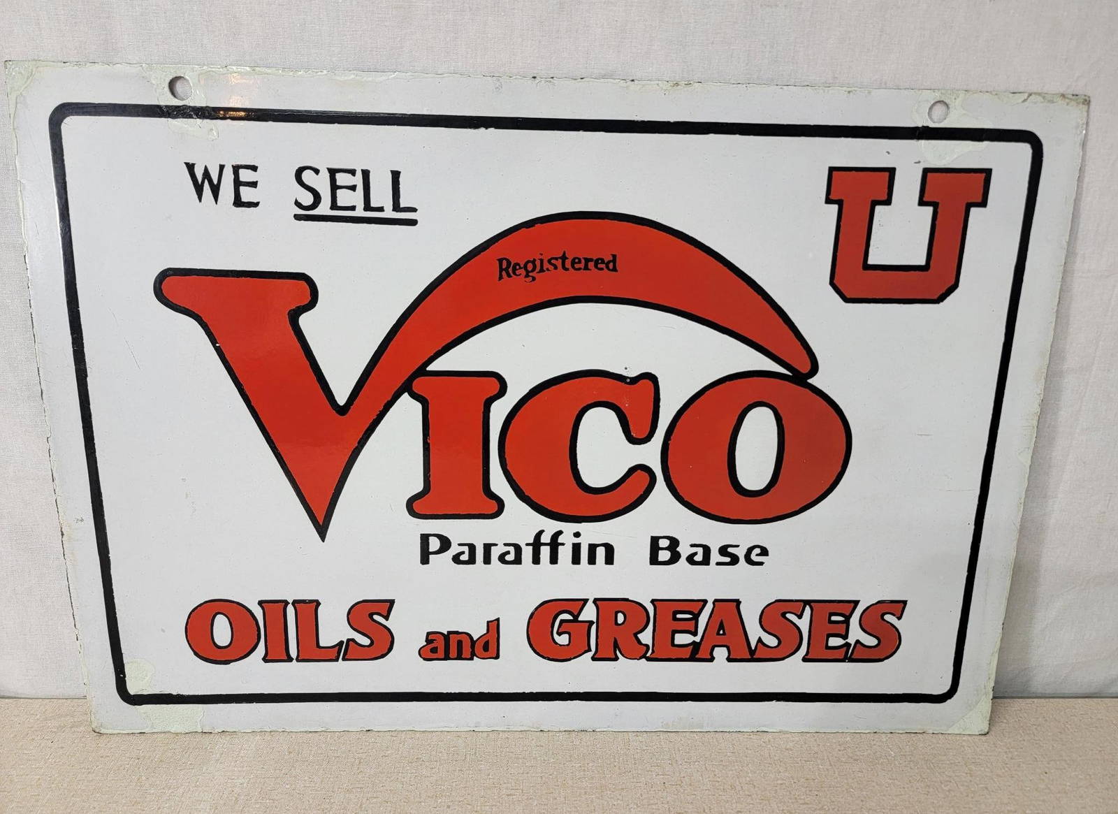 We Sell Vico Paraffin Base Oils & Greases Porcelain Sign (tac) Auction