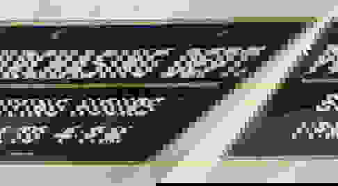 Purchasing Dept. Buying Hours Reverse Painted On Glass Sign (tac) Auction