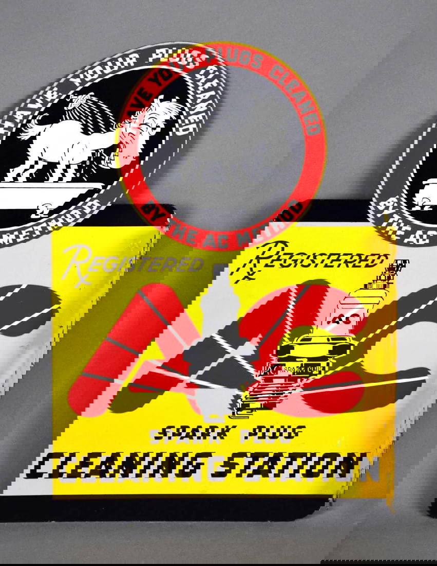 Ac Spark Plug Cleaning Station W/sparky Metal Flange Sign (tac) Auction