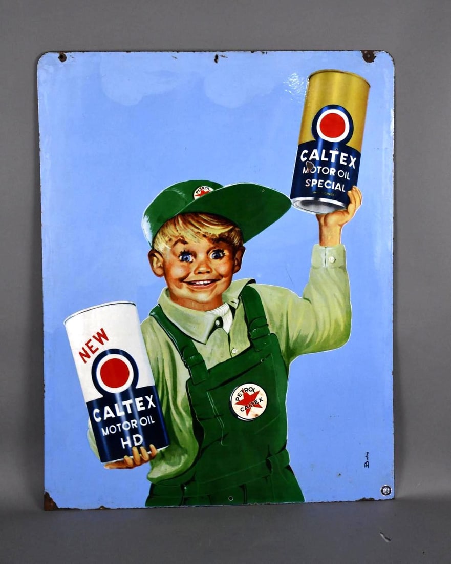 Caltex Motor Oil W/boy Holding Cans Porcelain Sign (tac) Auction