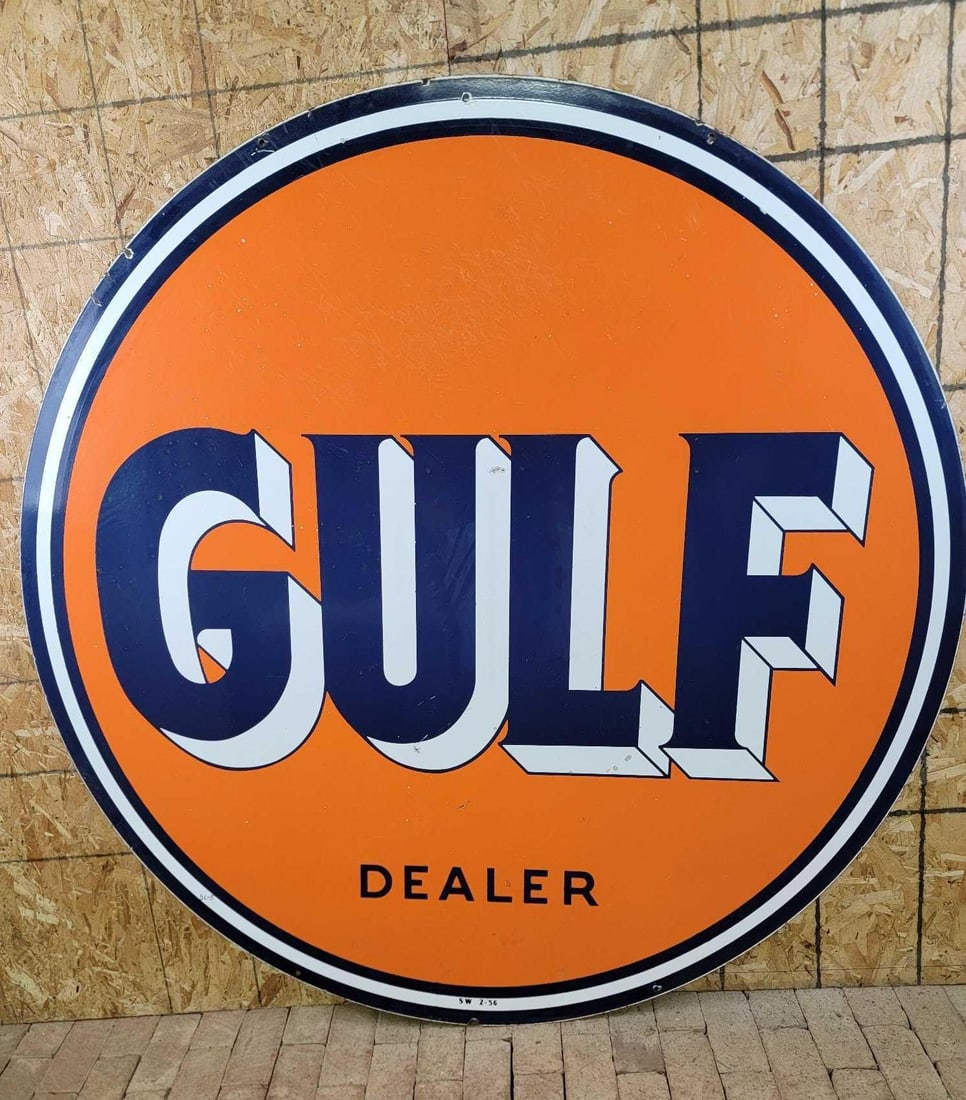Gulf W/white Shaded Letters Porcelain Identification Sign Auction