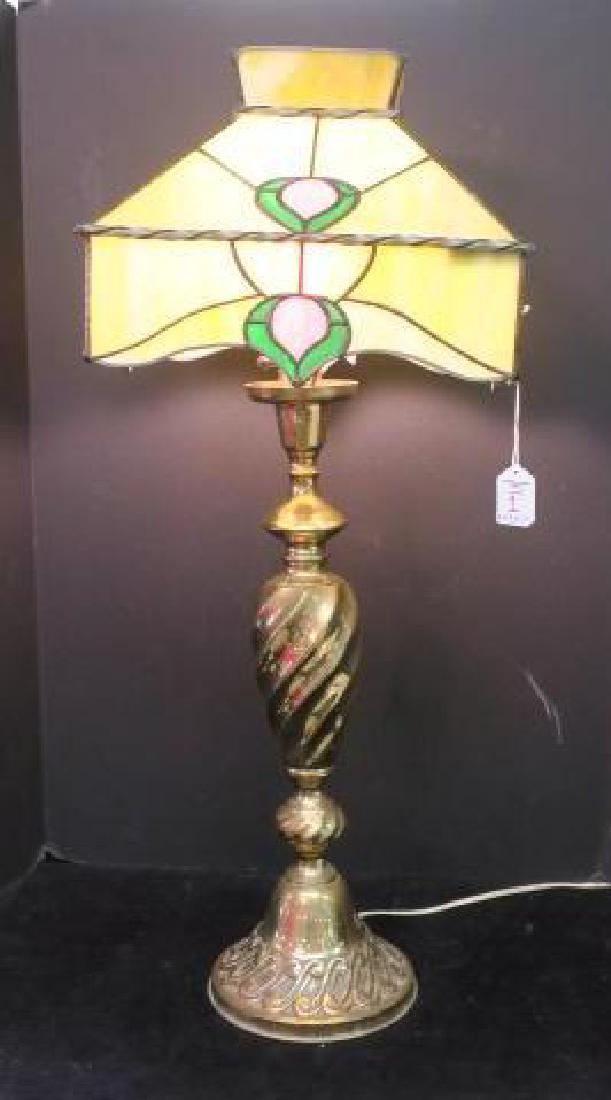 Signed CHARLEY GROS Stained Glass Lamp Shade and Stem: