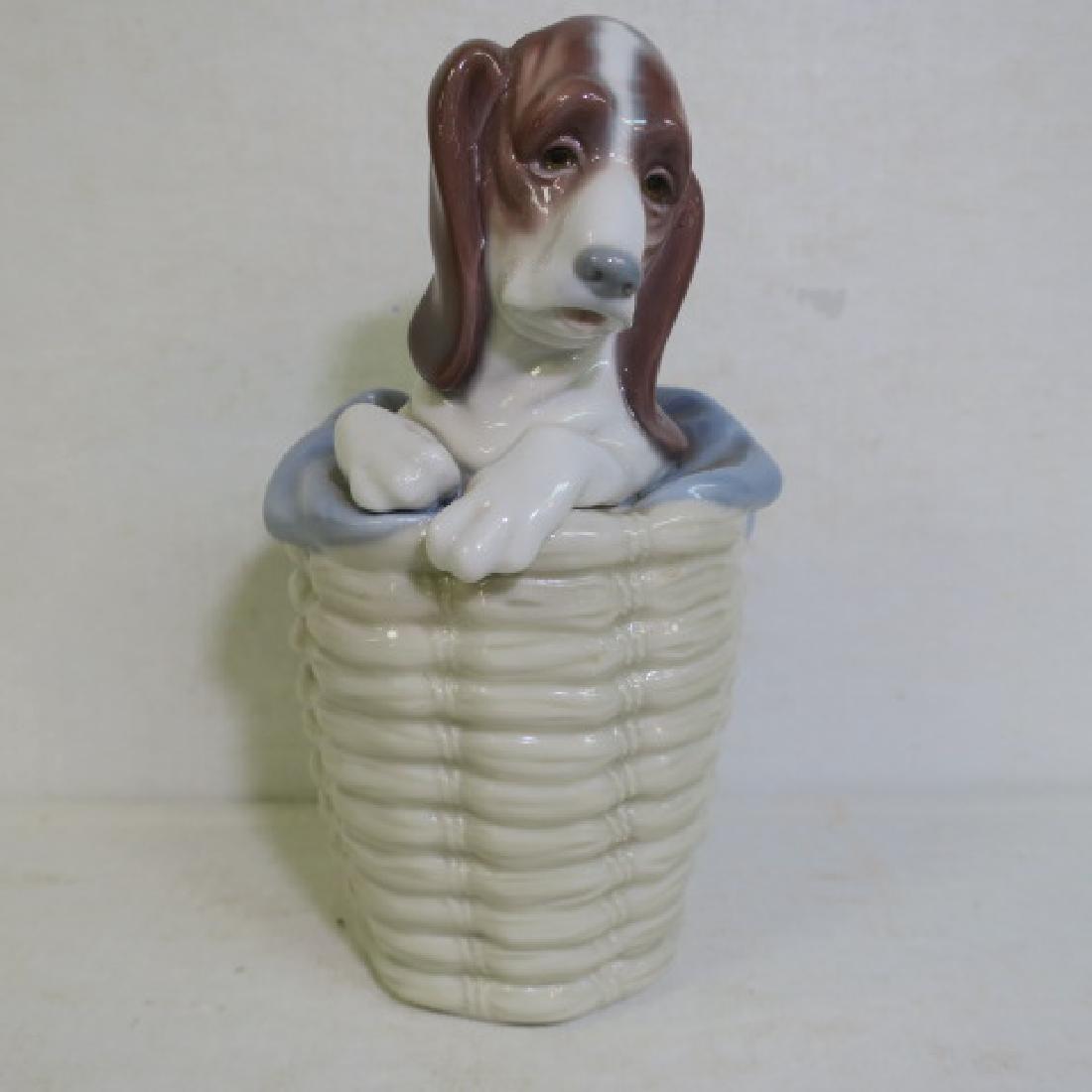 LLADRO Dog in Basket #1128, Glossy Finish:
