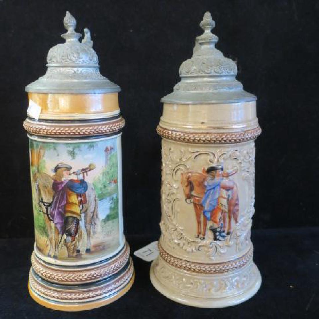 Two German Beer Steins with Cavalry Trumpeter: