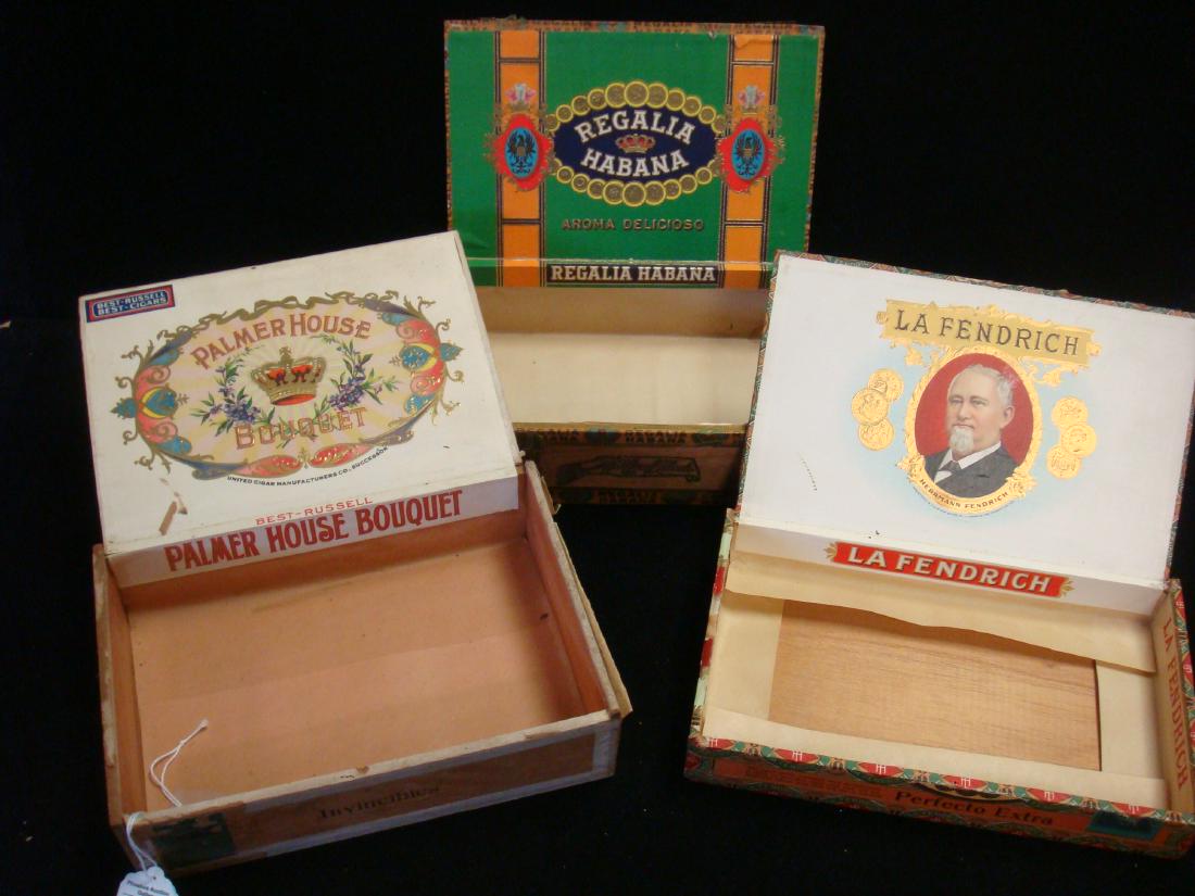 Three Antique Wooden Cigar Boxes: One Cuban Cigars: