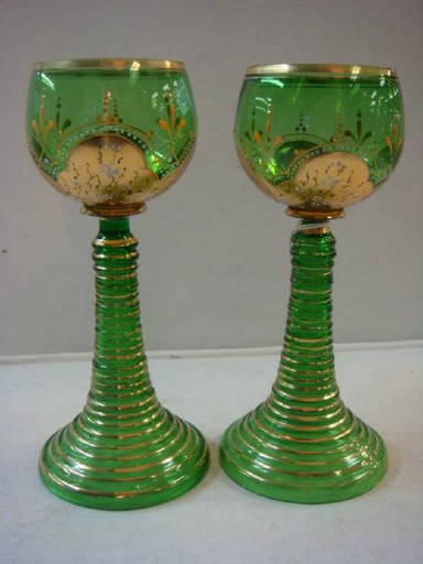 Pair Of Unsigned Moser Wine Hocks With Enamel Florals: