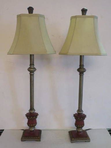 Pair Of Slender Stem Table Lamps With Shades: