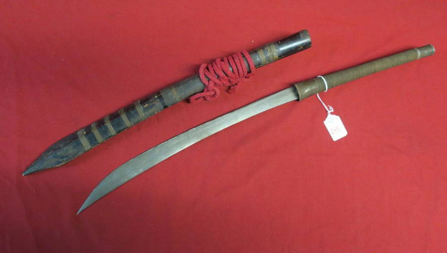 Thai Dha Sword With Wooden Scabbard And Handle: