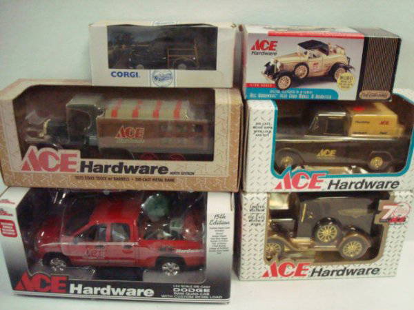6 Ace Hardware Toy Trucks In Boxes
