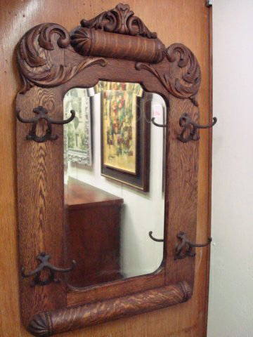 Antique Quarter Sawn Oak Wall Mirror Hat Rack