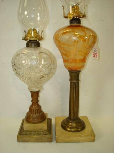 2 Vintage Oil Lamps, Clear And Flesh Fonts
