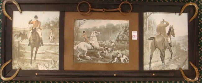Triptych Fox Hunt Prints In Frame With Horse Shoes
