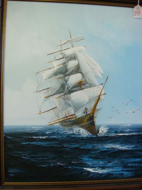 545: Signed JACKSON Oil on Canvas Sailing Ship: