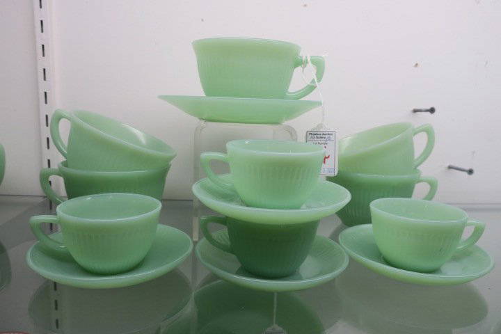 Fourteen Fire King Jadeite "jane Ray" Cups, Saucers: