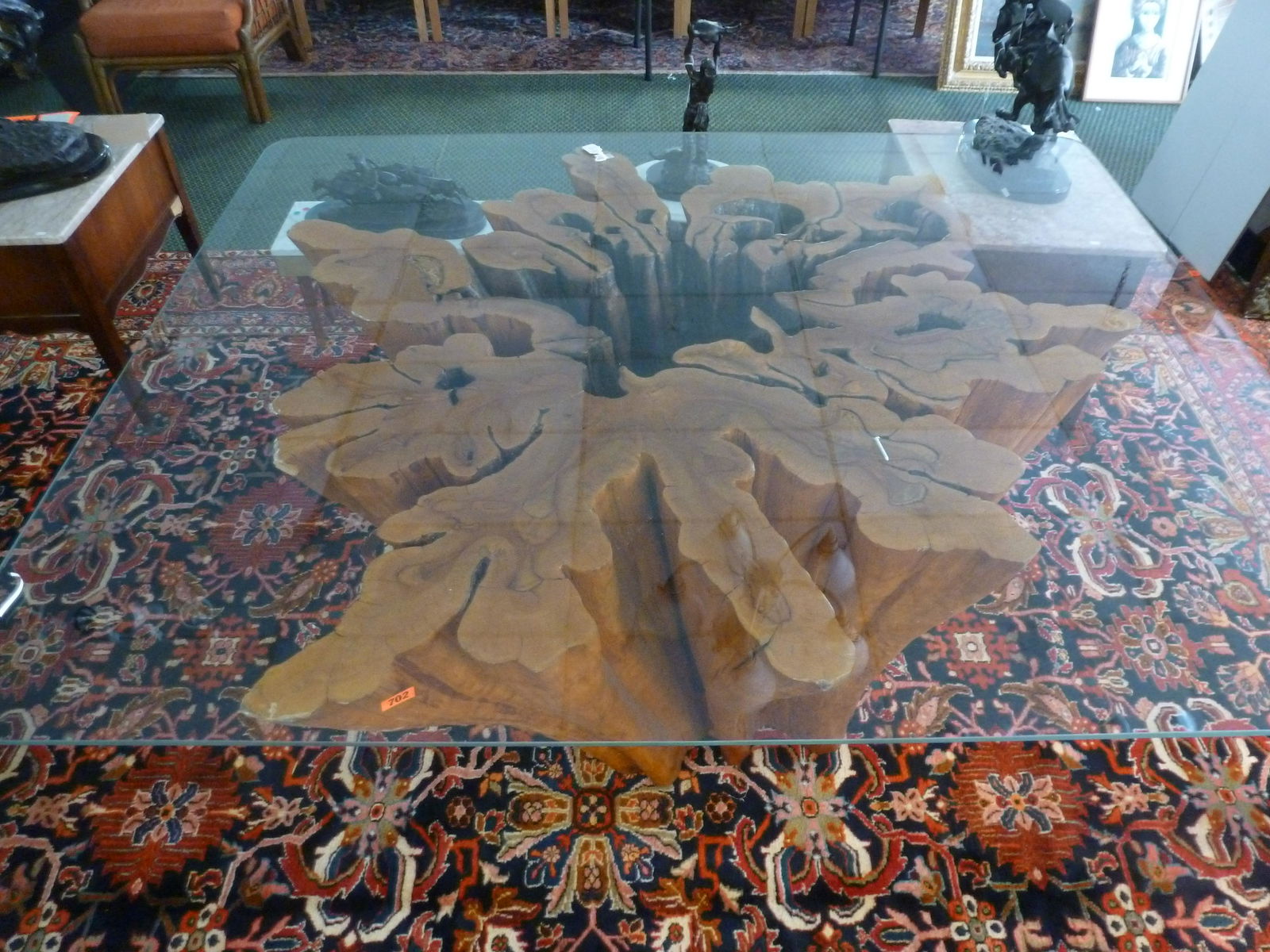 Live Edge Teak Tree Trunk Glass Topped Dining Table: