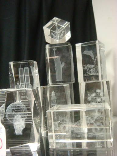 Ten Laser Etched Glass Paperweights, One With Stand