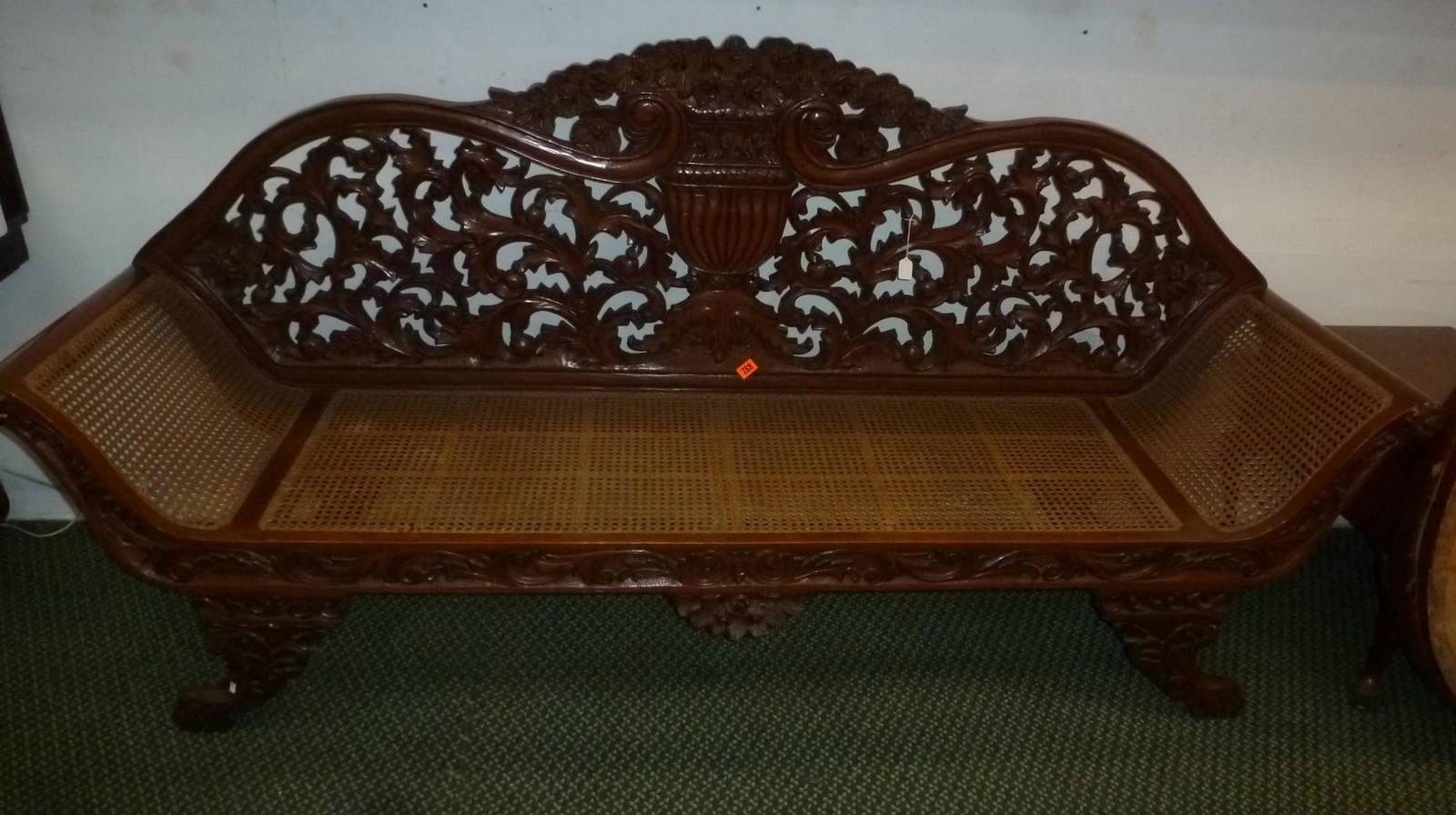 Philippine Carved Red Narra Wood Bench, Caned Seat: Auction