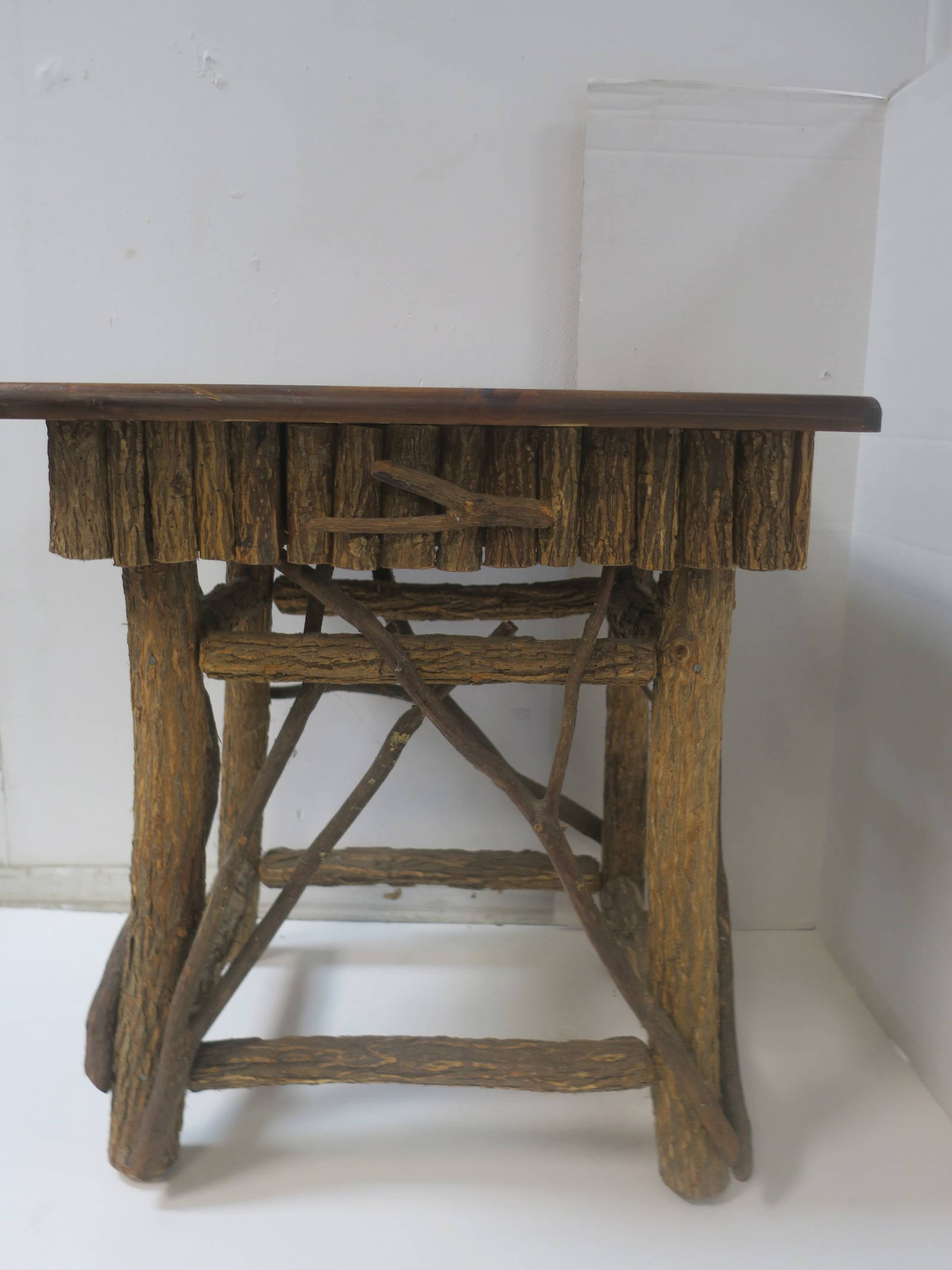 Unusual Rustic Log Side Table With Pine Top: Auction