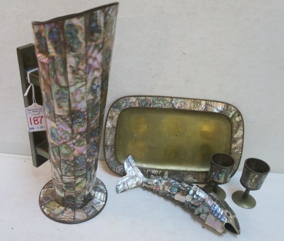 Mid Century Mexican Abalone & Brass Cocktail Set: Auction