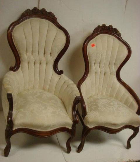 604: Pair of Ivory Brocade Victorian Parlor Chairs: