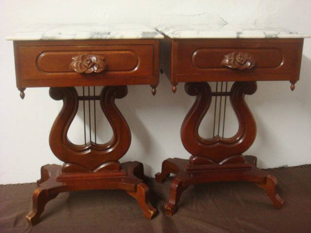 Pair Of Lyre Base Marble Top Side Tables