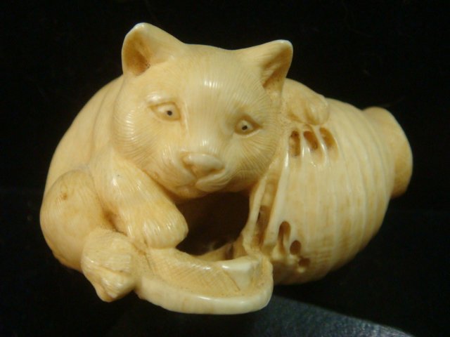 Ivory Cat Carved Netsuke On Wooden Stand: