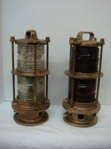 Pair Of Brass Navy Ship's Lanterns, Red And Clear: