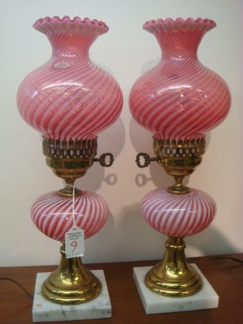 Pair of FENTON Cranberry Opalescent Swirl Lamps: