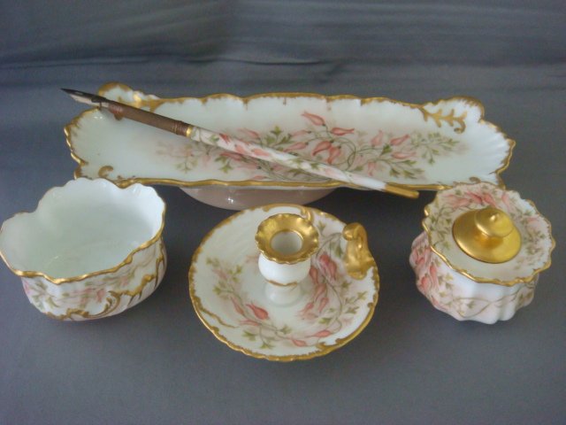 Antique Limoges Handpainted Porcelain Desk Set: