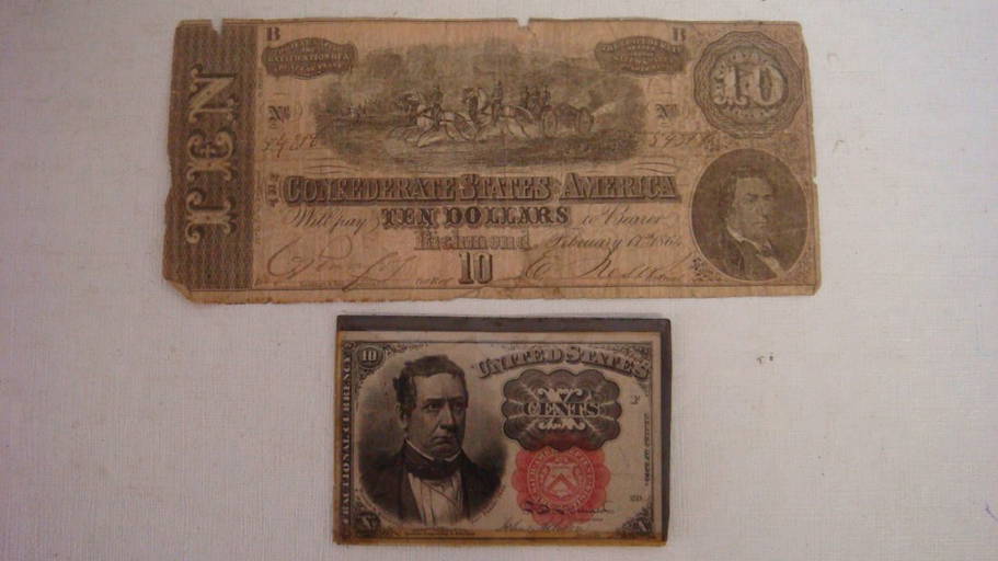 Us Fractional Us X Cent And Confederate $10 Note:
