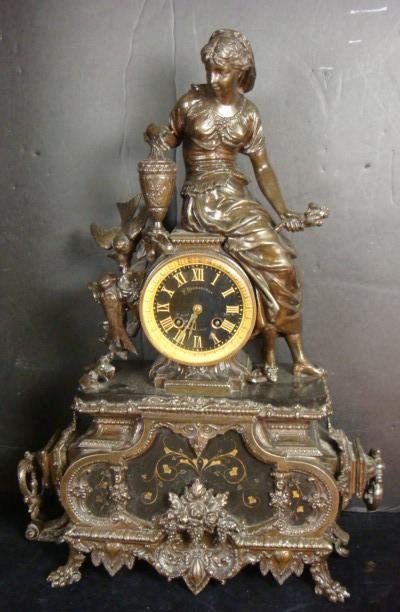 RAISON & THOMAS 19thC Patinated Figural Mantle Clock: