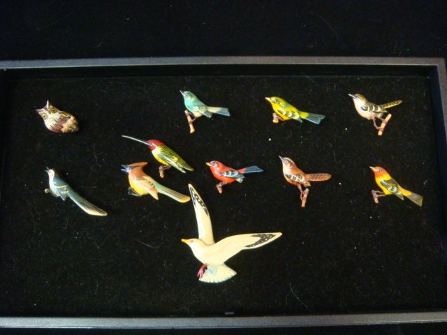 Eight Hand carved TAKAHASHI Bird Pins: