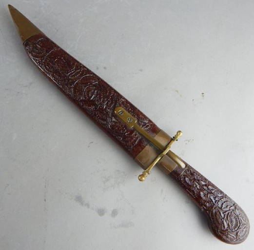 Carved Wooden Handle & Sheath Knife Bronze Detail