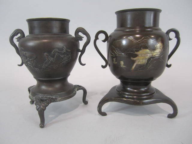 H30 35 Two Antique Japanese Tri Potted Bronze Urns