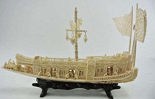 FINE CHINESE CARVED IVORY BOAT ON STAND