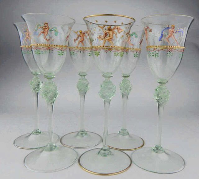 Six Enameled Venetian Murano Art Glass Stemware