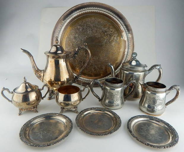 Two Silver Plated Tea Sets, Tray And Small Plates