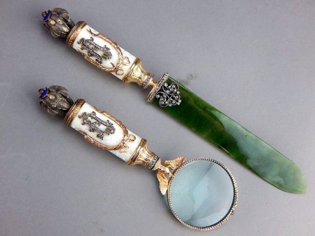 Russian Gold & Faberge Guilloche Enamel Desk Set