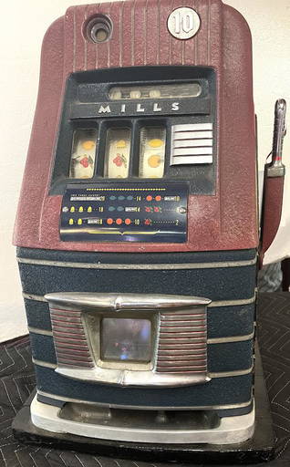 Mills 10 Cent Slot Machine In Red And Blue With Chrome